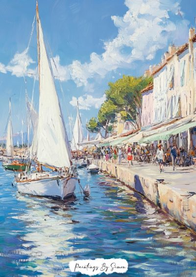 Harbor Scene: Captivating and Vibrant Seaside Town Painting