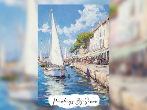 Harbor Scene: Captivating and Vibrant Seaside Town Painting